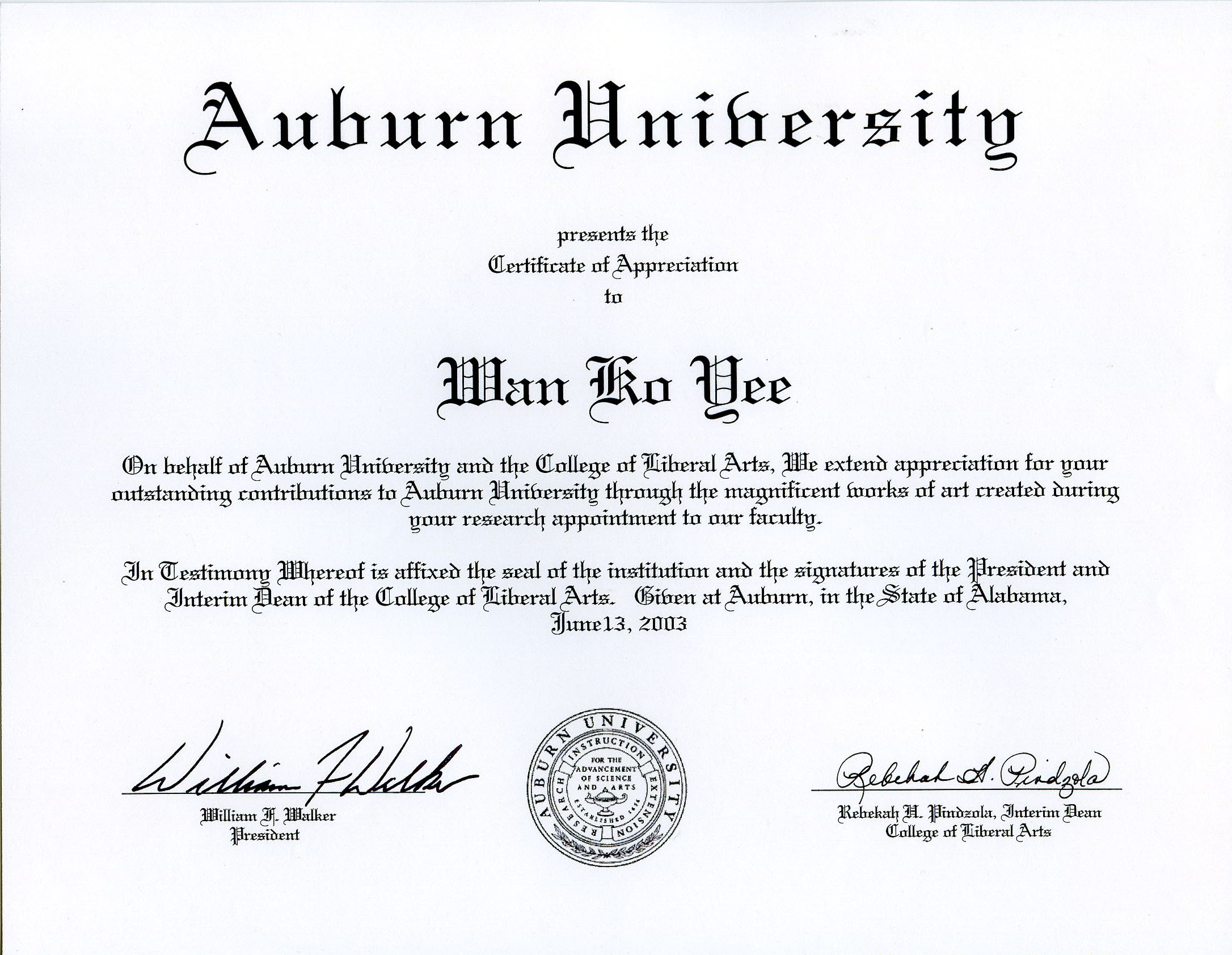 Auburn University presents the Certificate of Appreciation to Master ...
